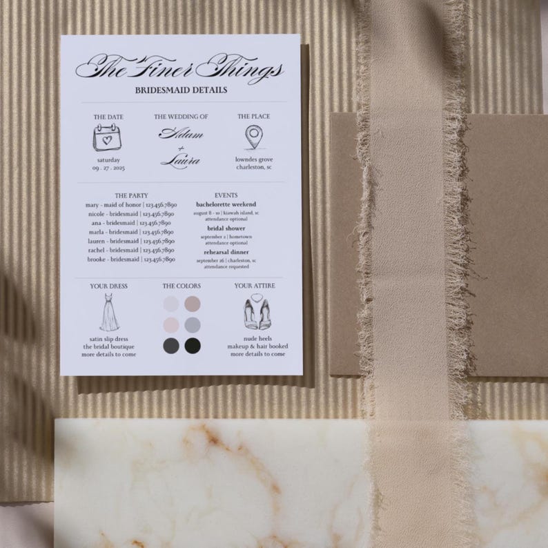 Bridal Party Info Card Template, Wedding Party Info Card, Bridesmaid ...