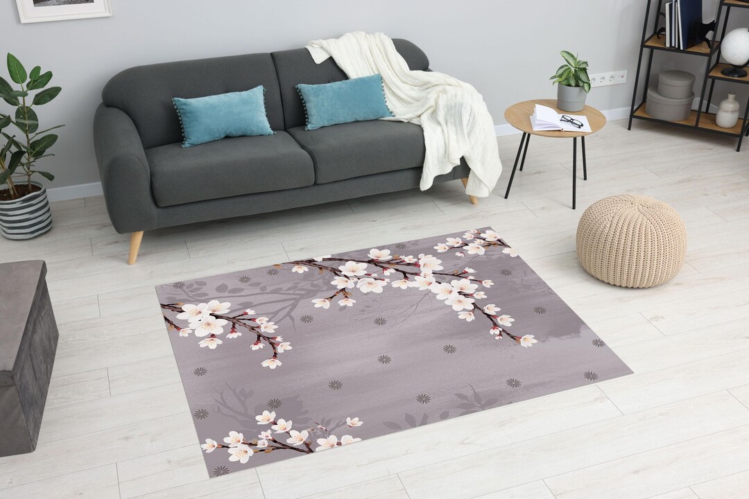 Custom Cherry Blossom Rug, Gray Floral Area Rug, Machine Washable ...
