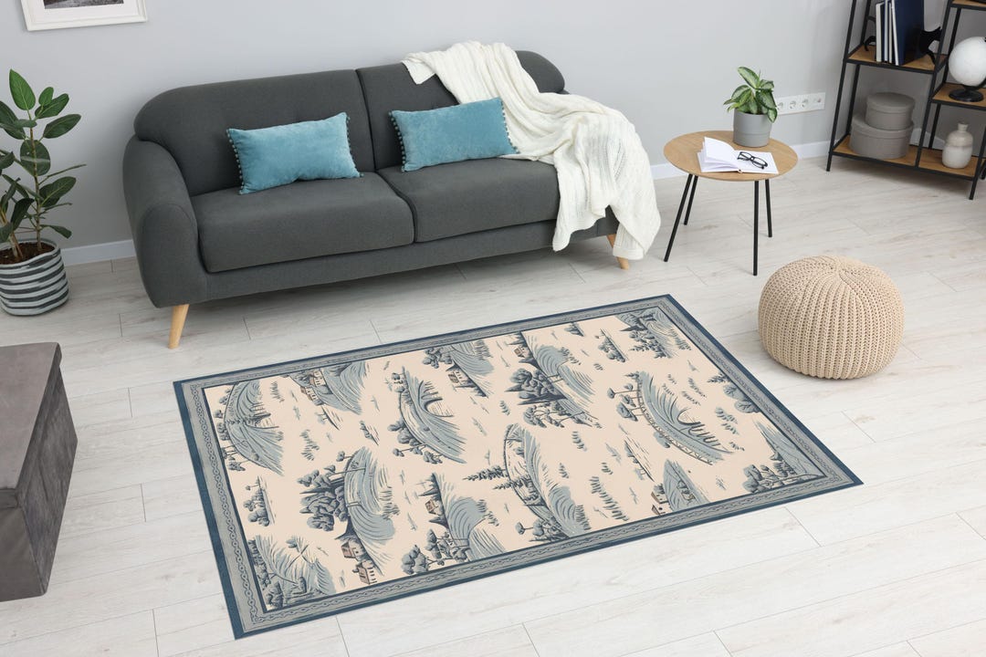 Custom French Country Rug, Blue Toile Rug, White Washable Farmhouse ...