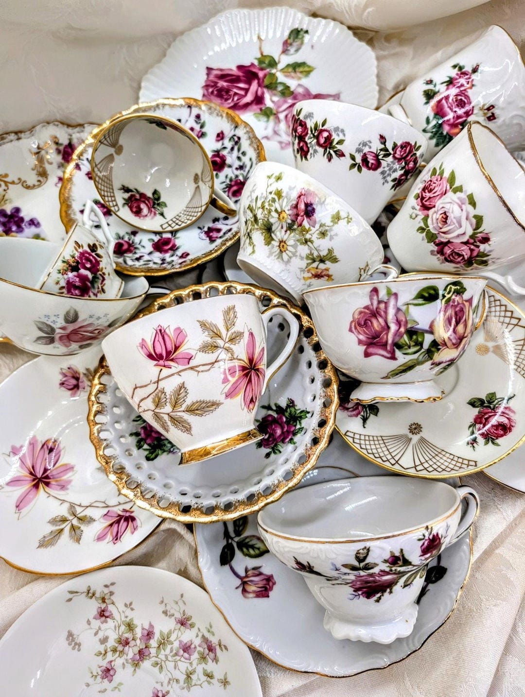 22 Piece Mismatched Tea Party Set | Teacups & Saucers Vintage Pink ...