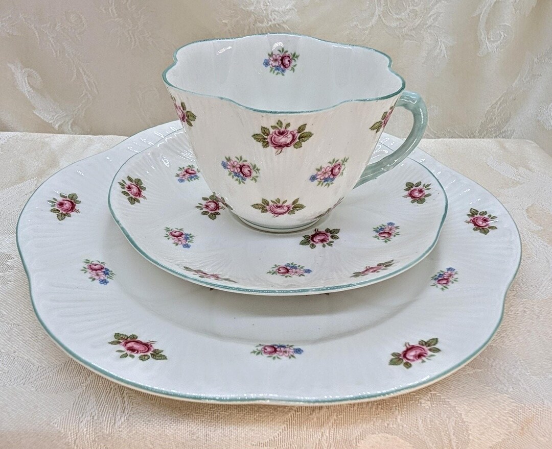 Vintage Shelley Dainty Rosebud Trio Set Pink Roses Blue Trim Teacup ...
