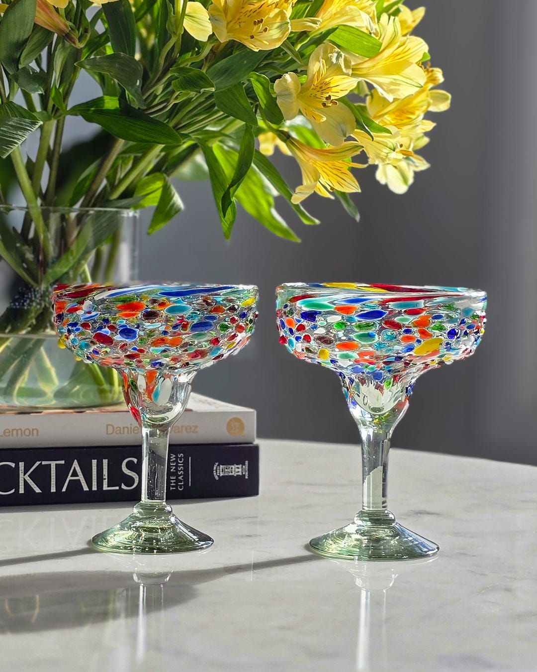 Handblown Confetti Rock Margarita Glasses, Multicolor, Rainbow,patio ...