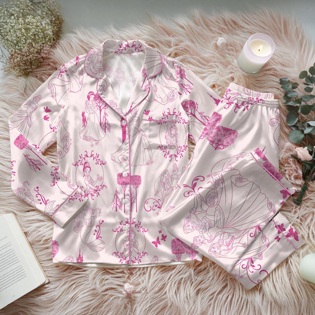 Disney Princess All Characters Toile Pink Satin Pajamas Set, Magic ...