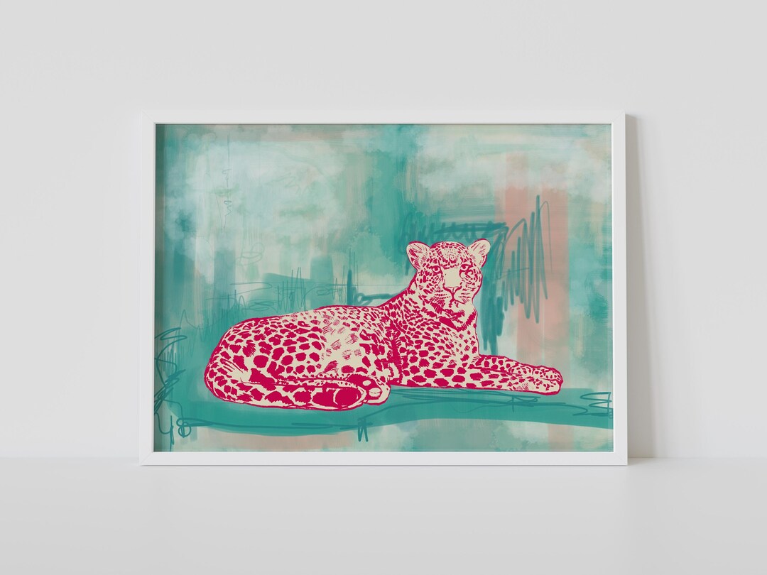 Bold Pink Leopard Art Print – 11x14 Jungle Cat Wall Art on Teal ...