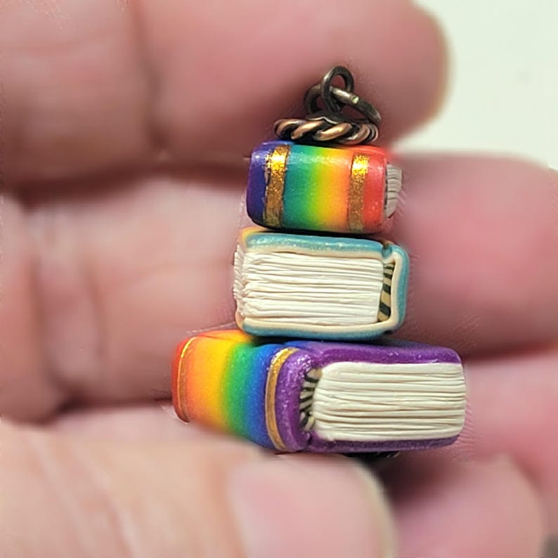 Reader's Library Pendant Copperplate Miniature Hand Sculpted Book Stack ...