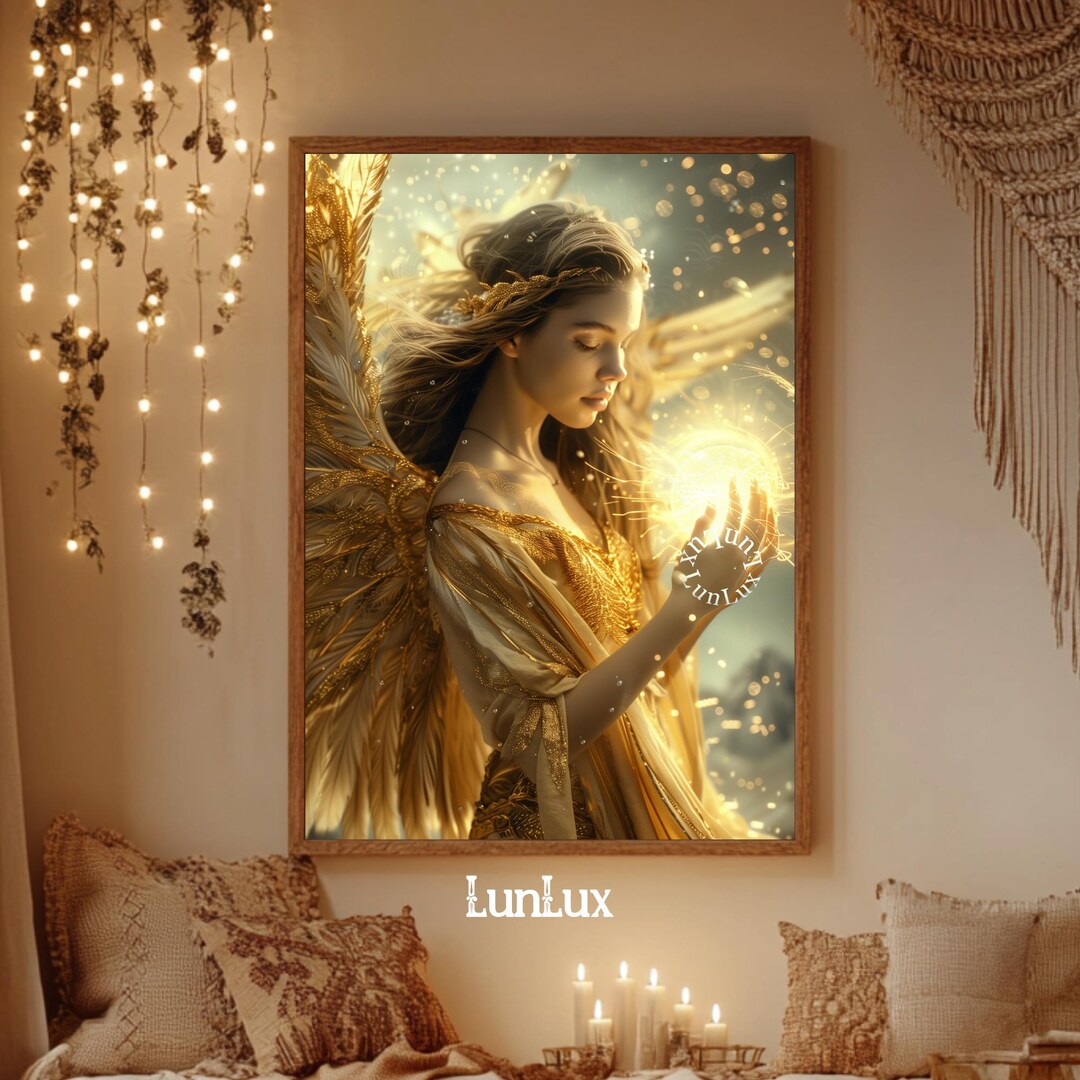 Golden Angel Digital Print – Celestial Guardian, Divine Light Fantasy ...