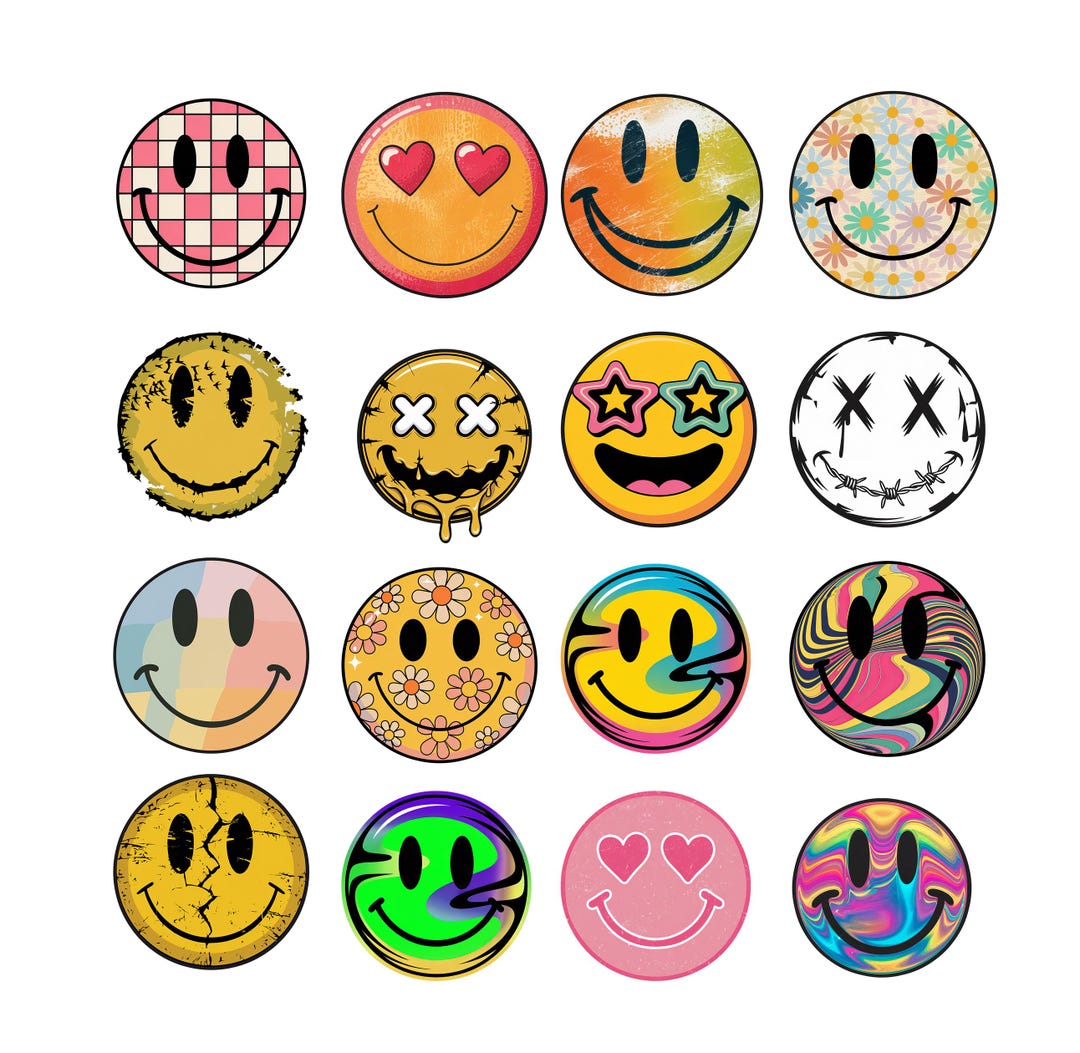 Smiley PNG, Distressed Smiley Png Bundle, Smile Retro Happy Flowers Png ...