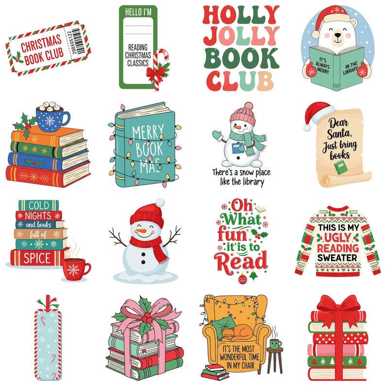Christmas Bookish Svg Clipart, Christmas Book Lover Clipart, Bookish ...