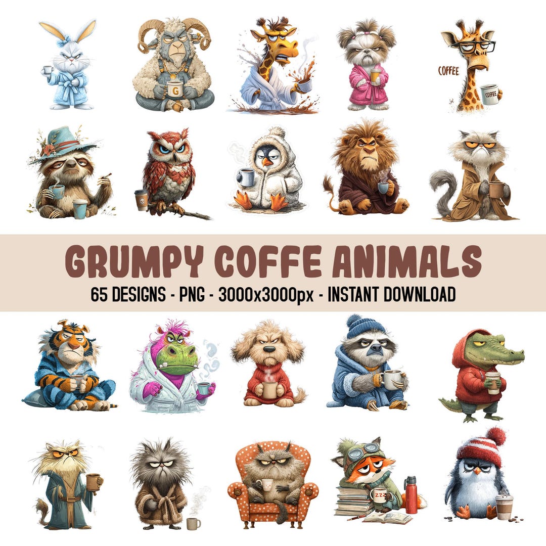 Grumpy Coffee Animals Clipart Bundle, Funny PNG (digital Download) - Etsy
