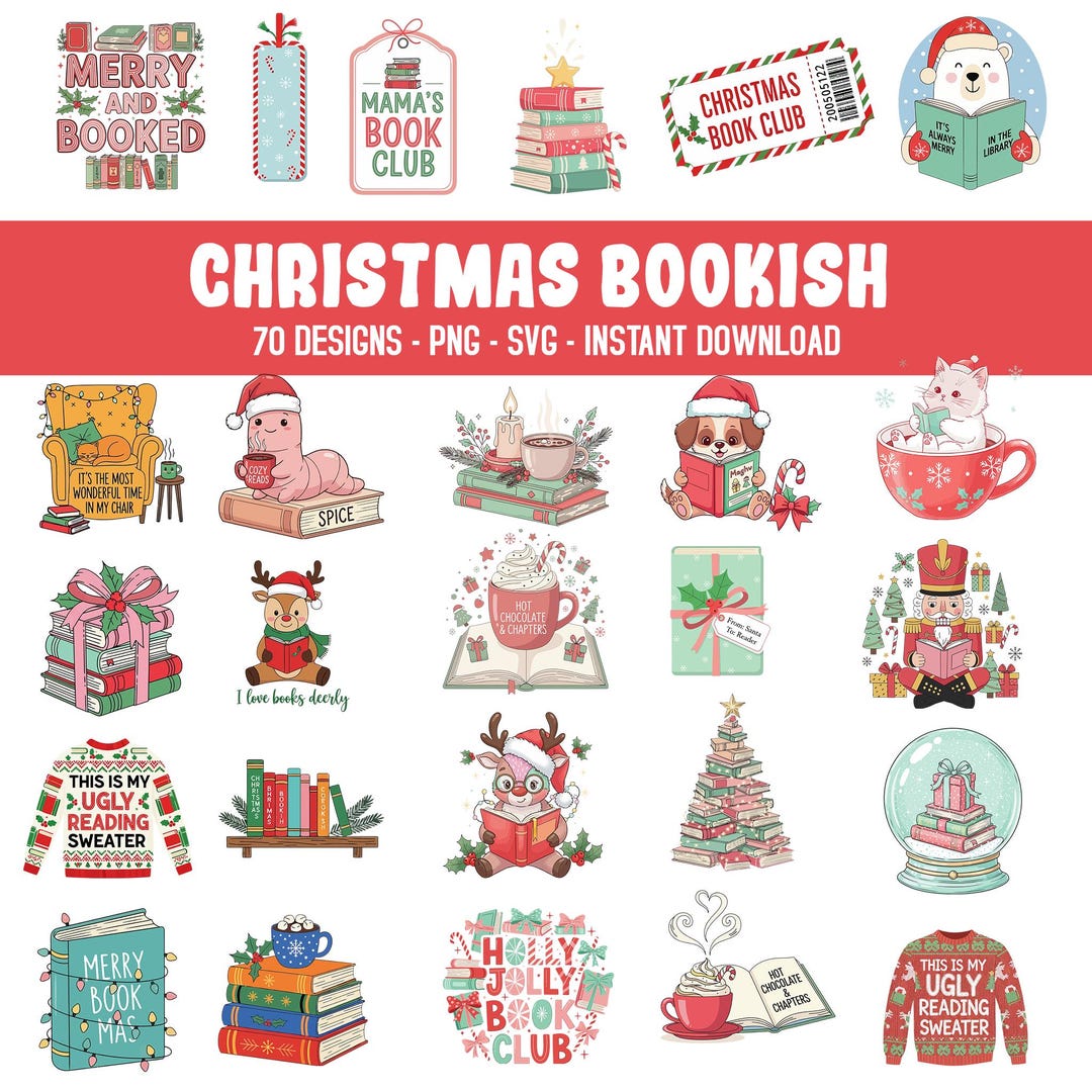 Christmas Bookish Svg Clipart, Christmas Book Lover Clipart, Bookish ...