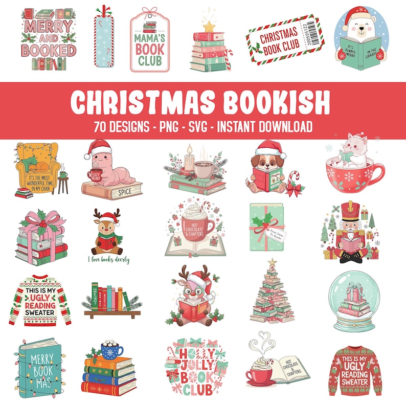 Christmas Bookish Svg Clipart, Christmas Book Lover Clipart, Bookish ...