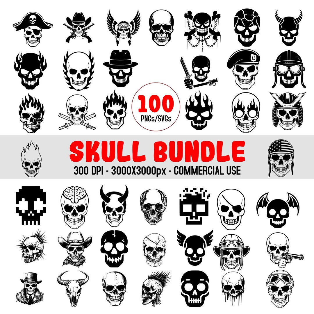 Skulls SVG Bundle, Skull Png Files, Skeleton Svg Bundle, Skull Cut Files for Cricut, Skull ...