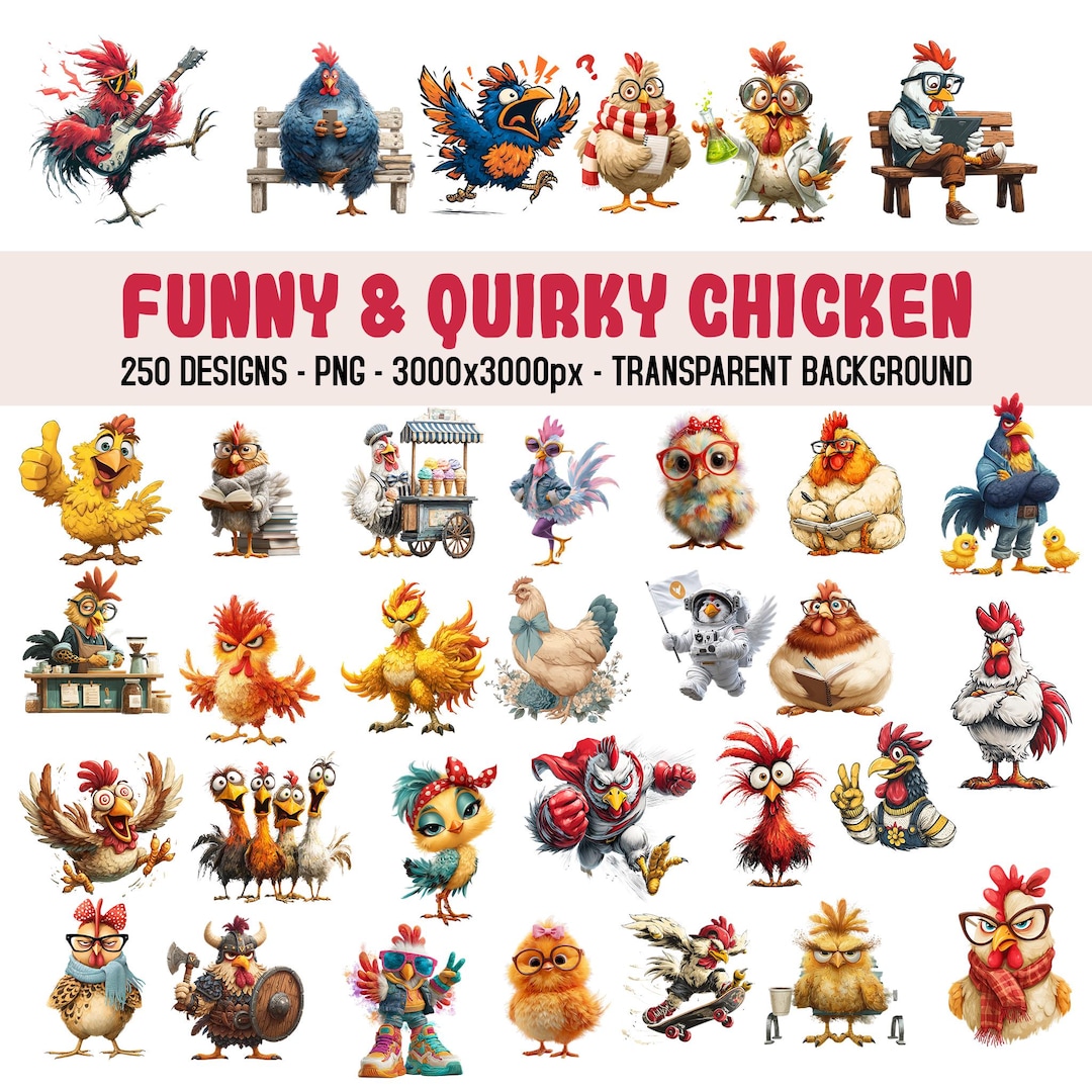 Funny and Quirky Chicken Clipart Bundle 250 Pngs, Crazy Chicken Lady ...