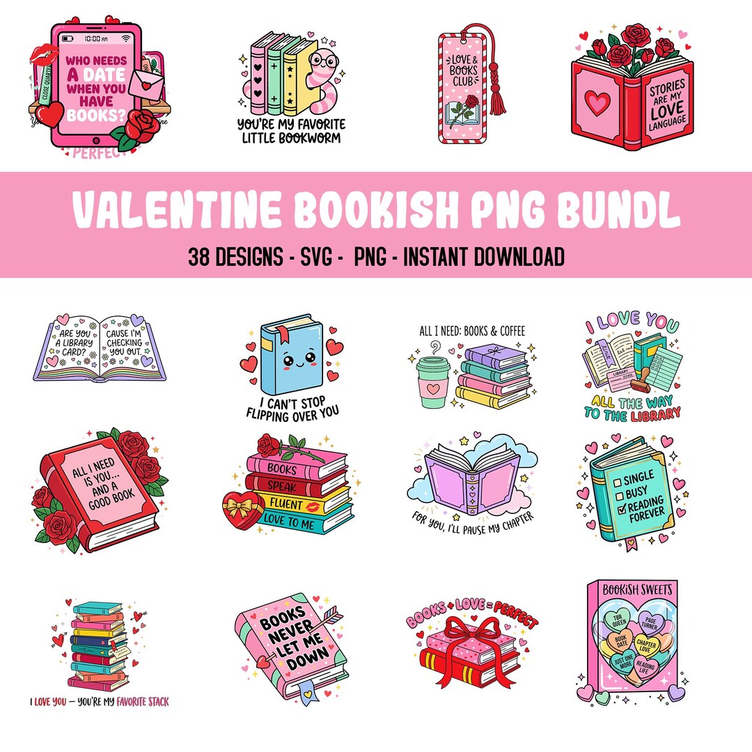 Valentine Bookish PNG Bundle, Book Lover Png Bundle, Valentines Day ...