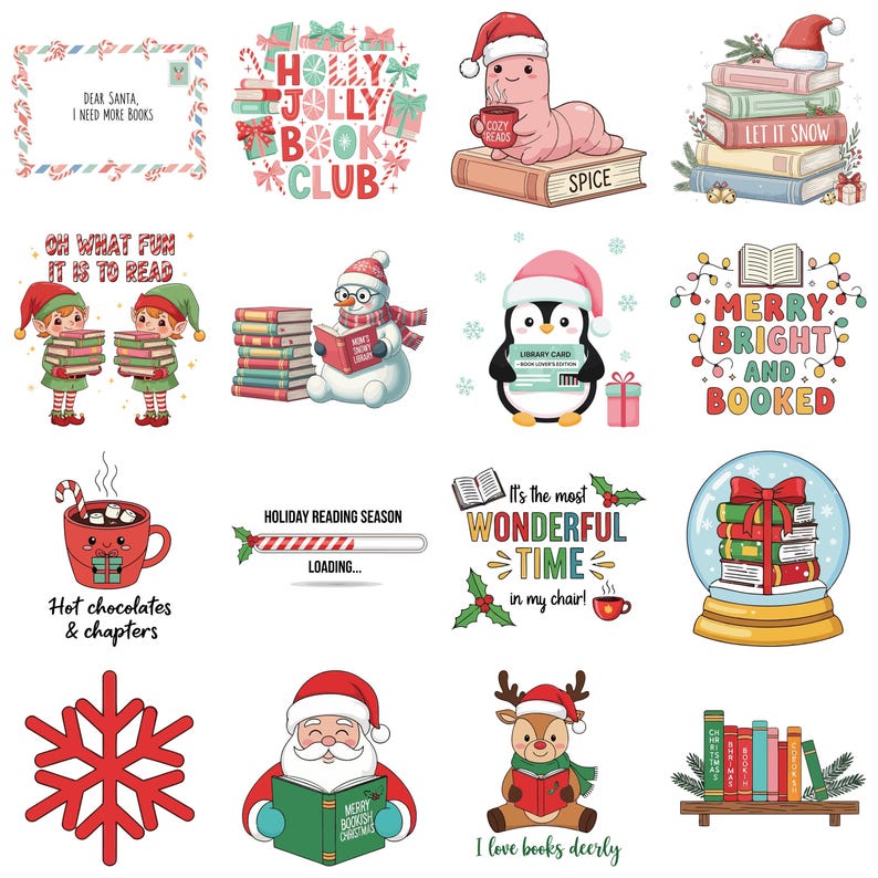 Christmas Bookish Svg Clipart, Christmas Book Lover Clipart, Bookish ...