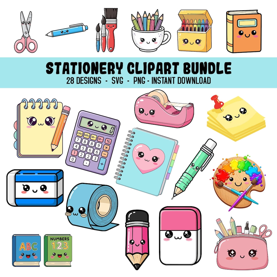 Kawaii School Supplies Clipart, Cute Stationery PNG Bundle, Back to ...