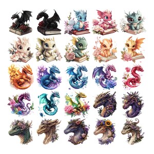 Fantasy Dragon Clipart Set, Cute Dragons With Books, Dragons PNG Bundle ...