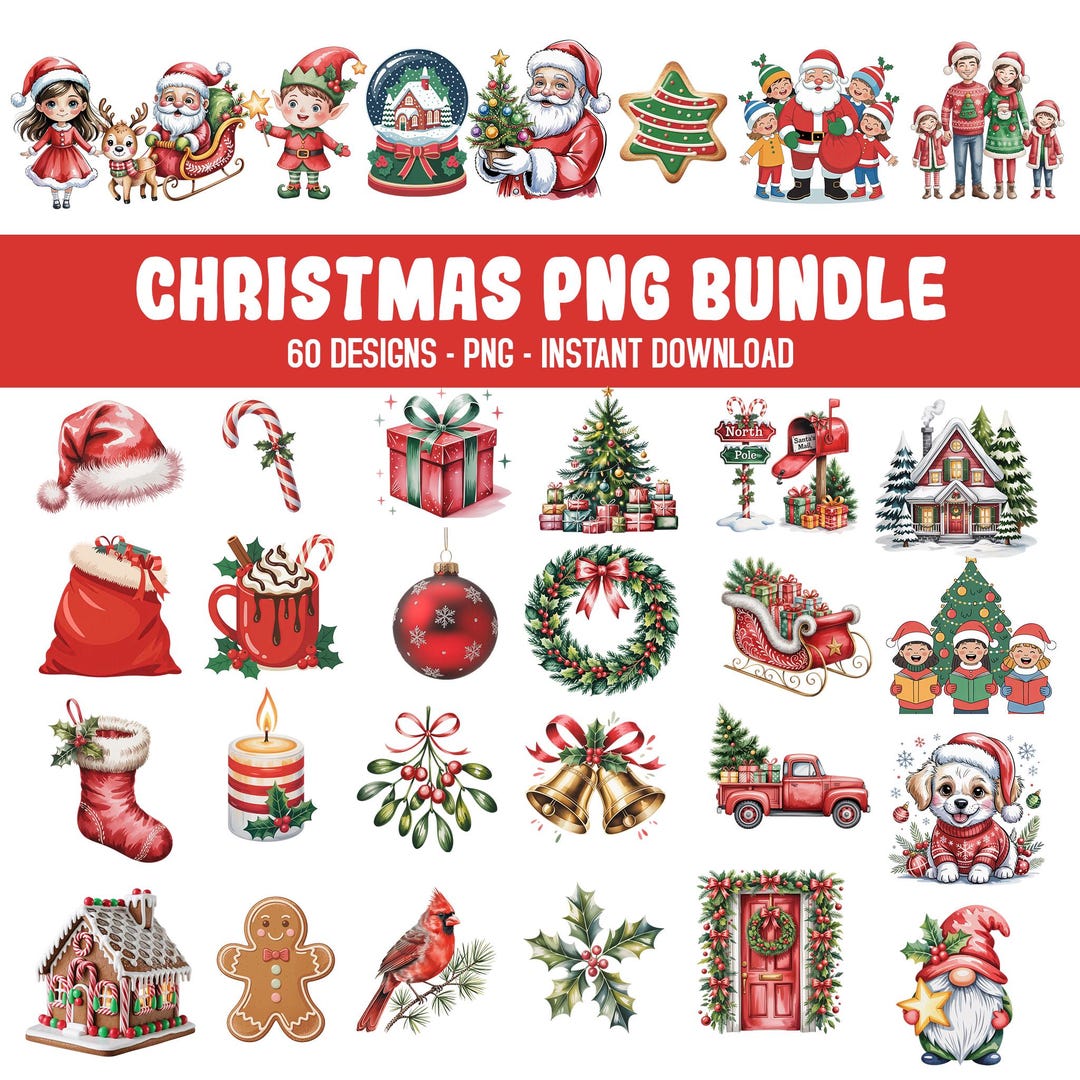 Cute Christmas Watercolor Clipart Bundle, Watercolor Christmas ...