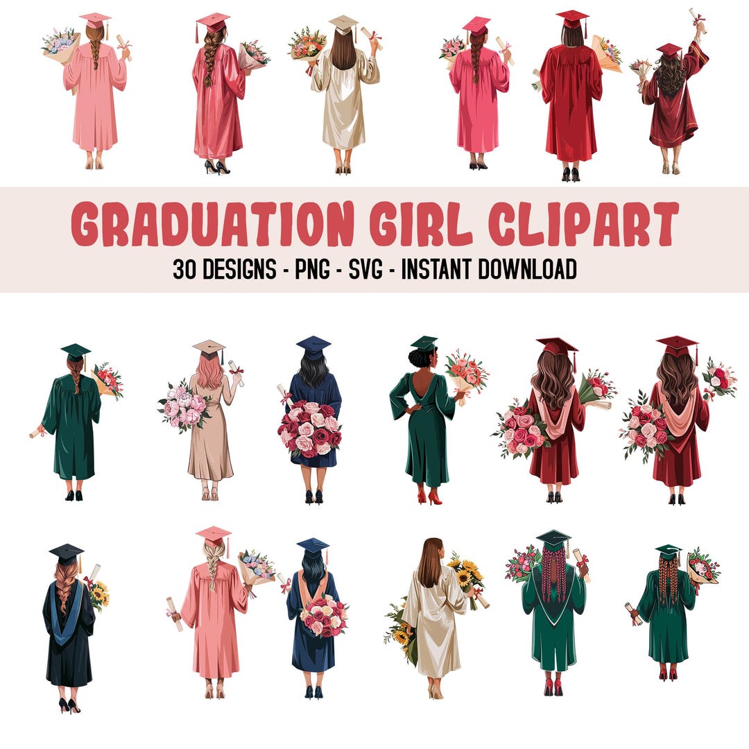 Graduation Girls Clipart Bundle, Black Dress Graduate Png, Student Grad ...
