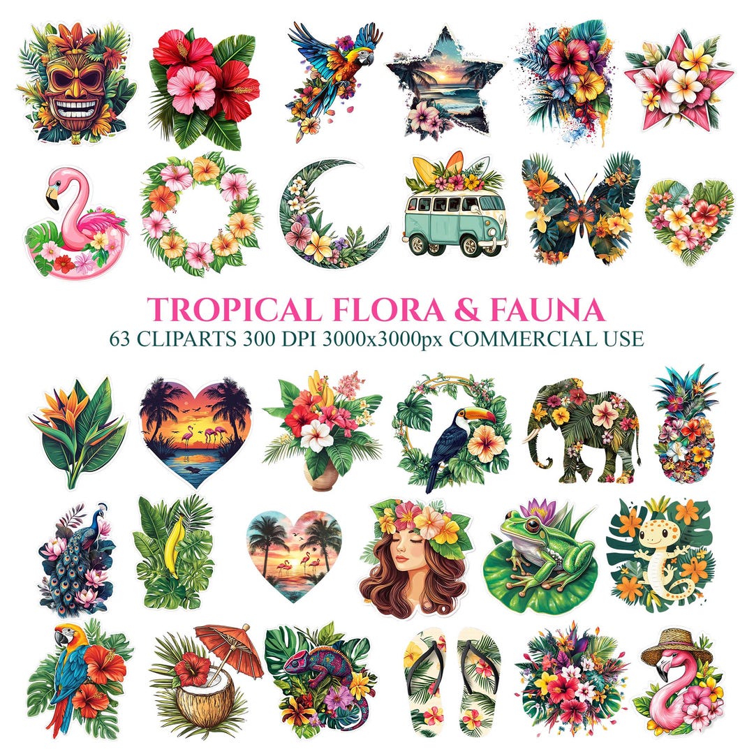 Tropical Clipart Bundle PNG | 63 Commercial Use Cliparts | Flamingo ...