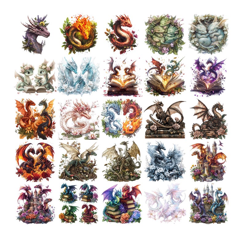 Fantasy Dragon Clipart Set, Cute Dragons With Books, Dragons PNG Bundle ...