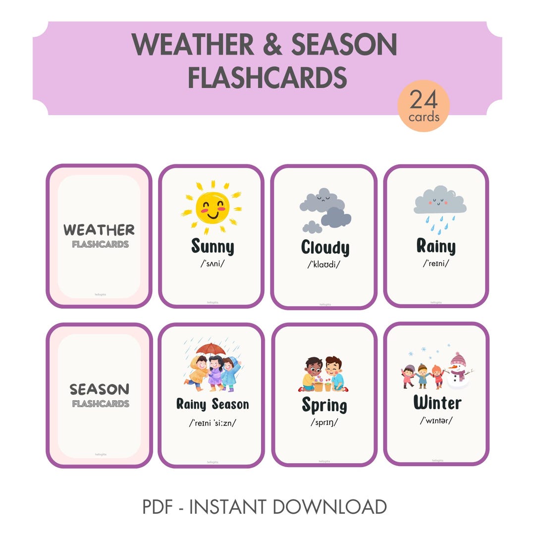 Weather and Season Flashcards, Printable Cards, Learning Cards ...