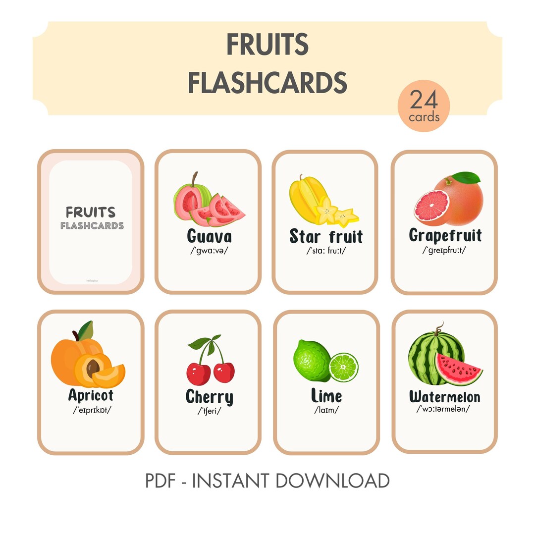 Printable Fruit Flashcards, English Learning Made Easy, Kids Flash ...