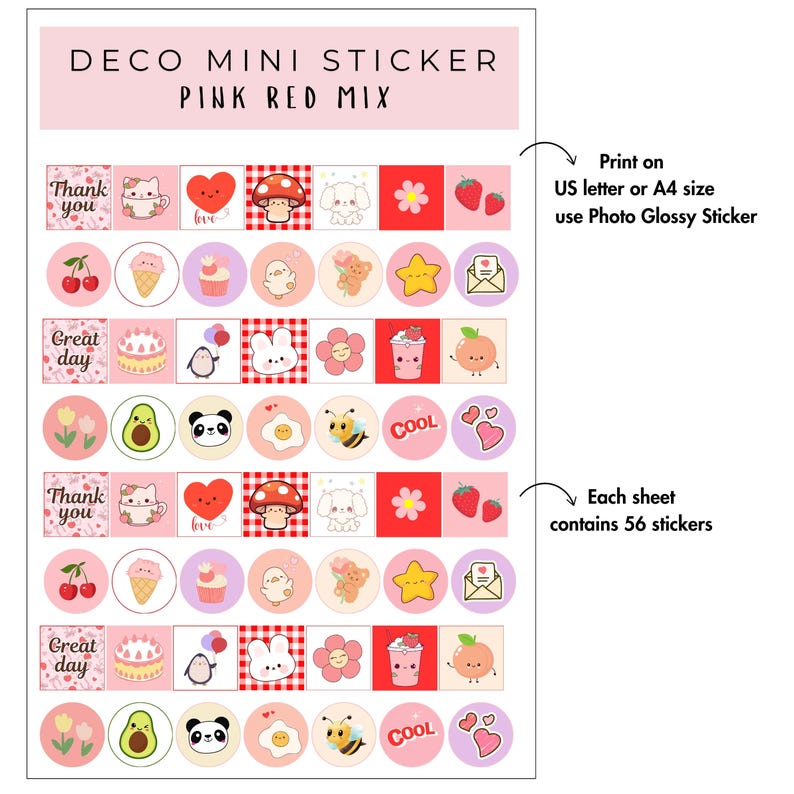 Hoja de calcomanías lindas para imprimir: mezcla de rosa y rojo, minidecoración, agenda, diario ...