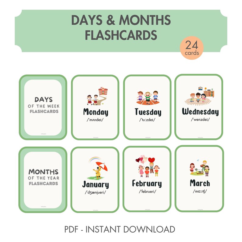 Days and Months Flashcards, Learning the Days of the Week, Learning the ...