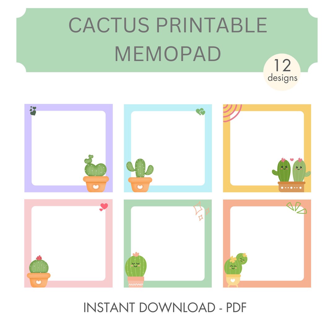 Printable Cactus Memo Pad, Instant Download, Notepad, Reminder, Sticky ...