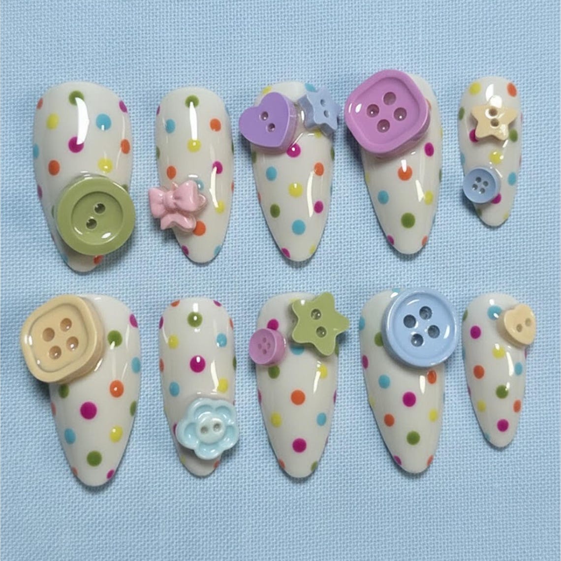 Colorful Polka Dot Button Nails | 3D Pastel Buttons & Cute Bow Almond ...