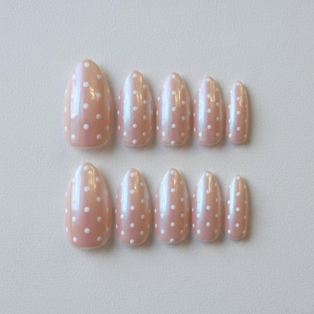Pink Pearl Press-on Nails | Iridescent White Polka Dot Art. - Etsy
