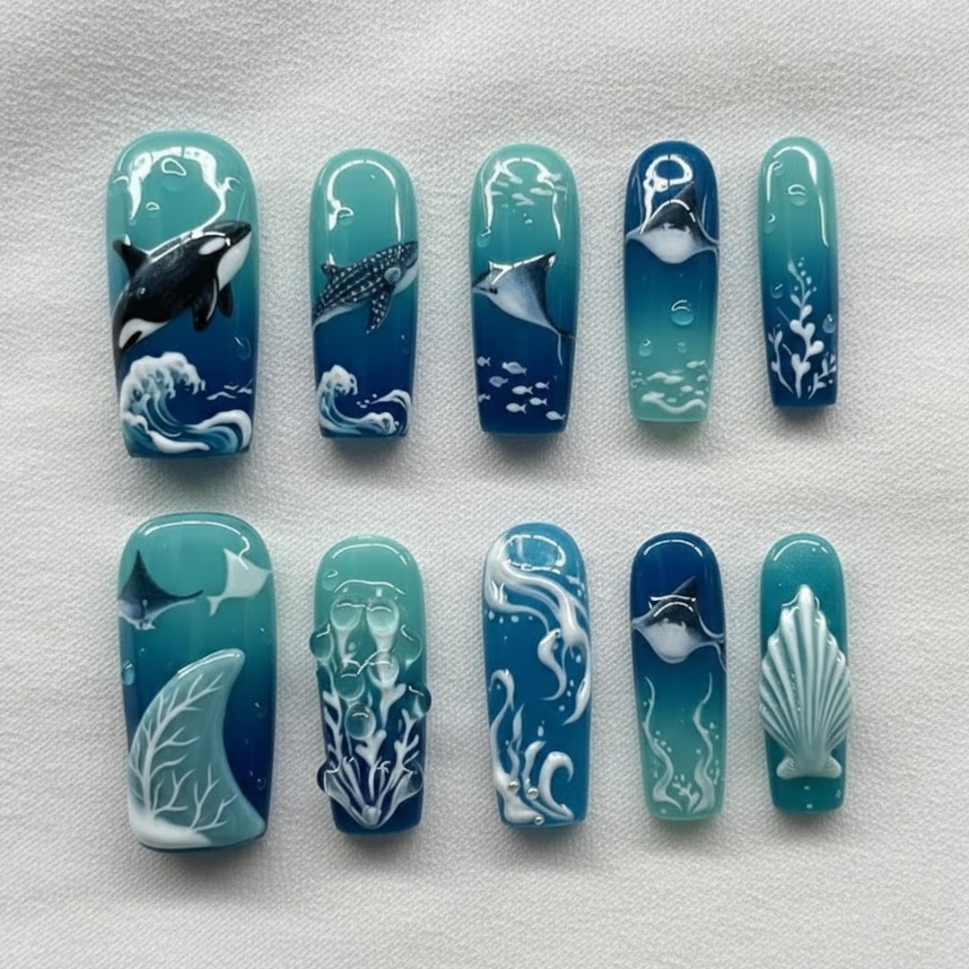 Handmade Deep Ocean Life Press on Nails | 3D Orca, Stingray & Shark Art ...
