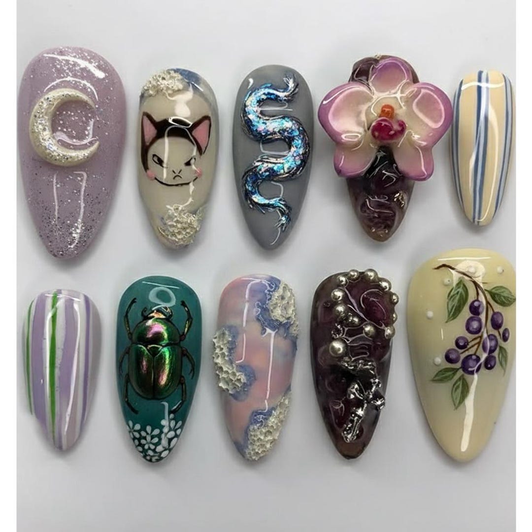 Whimsical Fantasy Nail Art | 3D Orchid Beetle Snake & Cat Design Press ...