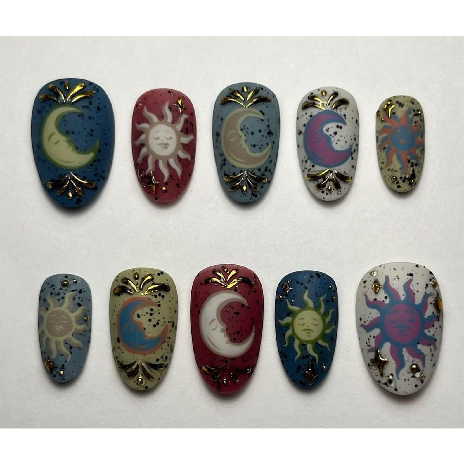 Handmade Celestial Press on Nails | Sun & Moon Face Art With Gold ...