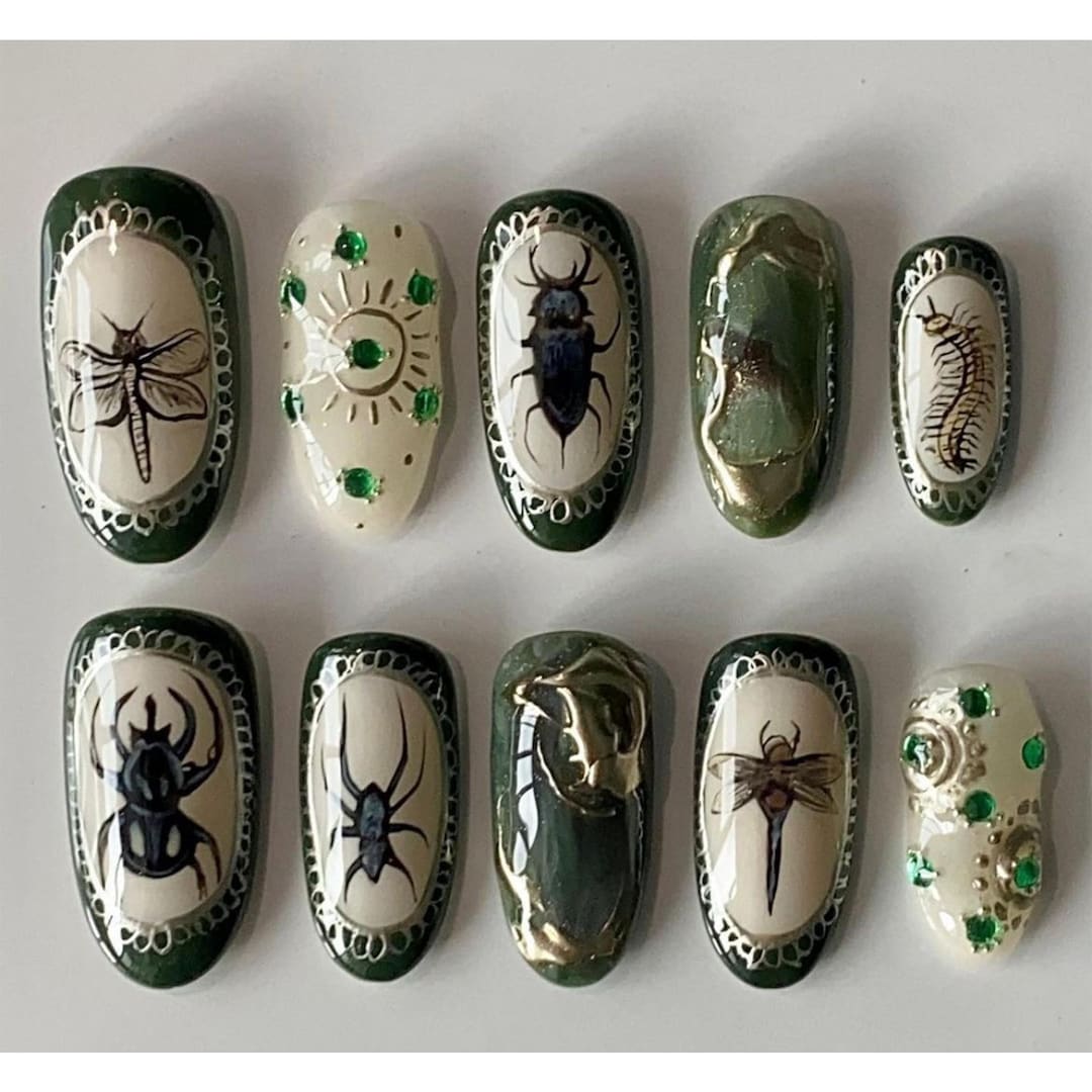 Handmade Insect Museum Press on Nails | 3D Beetle, Dragonfly, Spider ...