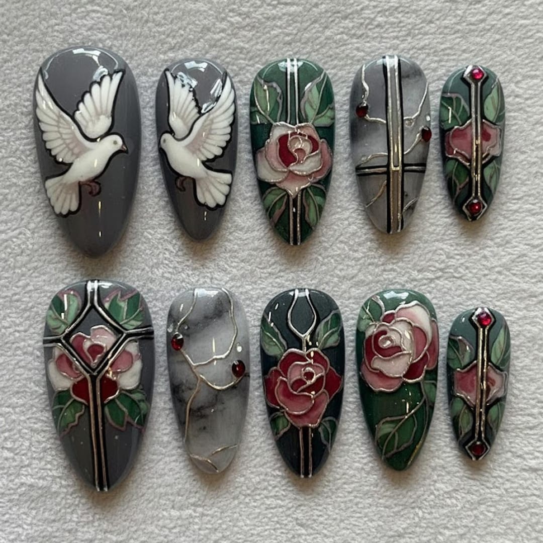 Handmade Stained Glass Nails | White Dove, Rose & Cathedral Art Press ...