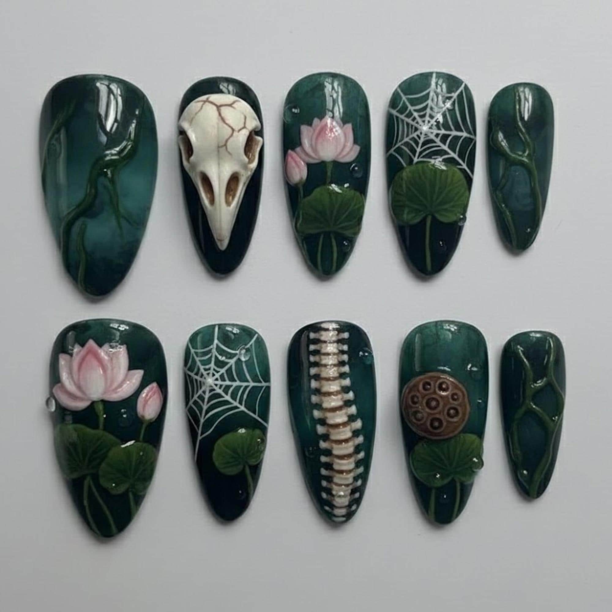 Gothic Swamp Core Press on Nails | 3D Bird Skull, Spine & Hand-painted ...