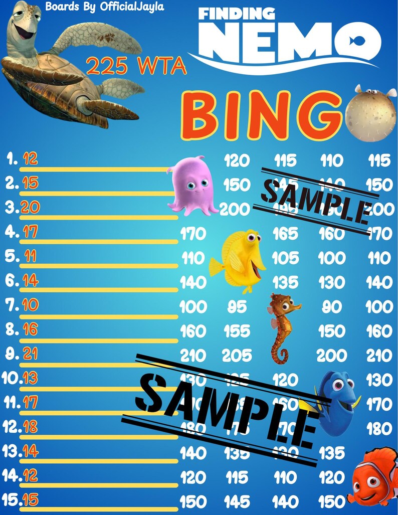 Finding Nemo 225 Wta Bingo Board Multiple Color - Etsy