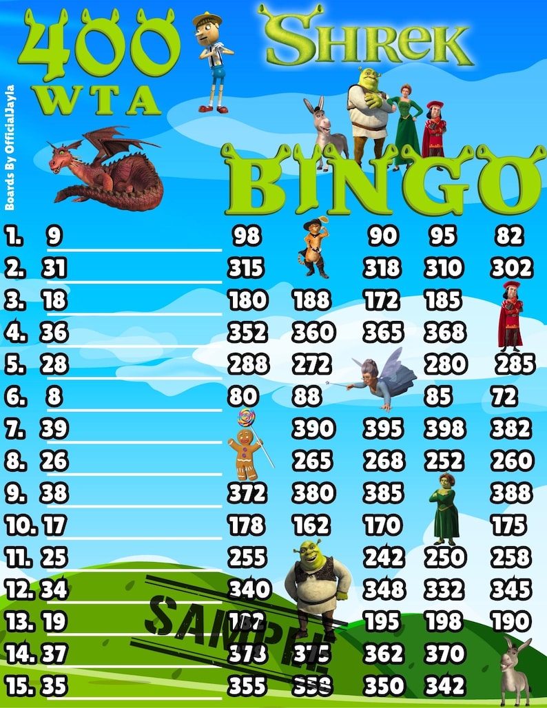 Shrek 400 Wta Bingo Board - Etsy