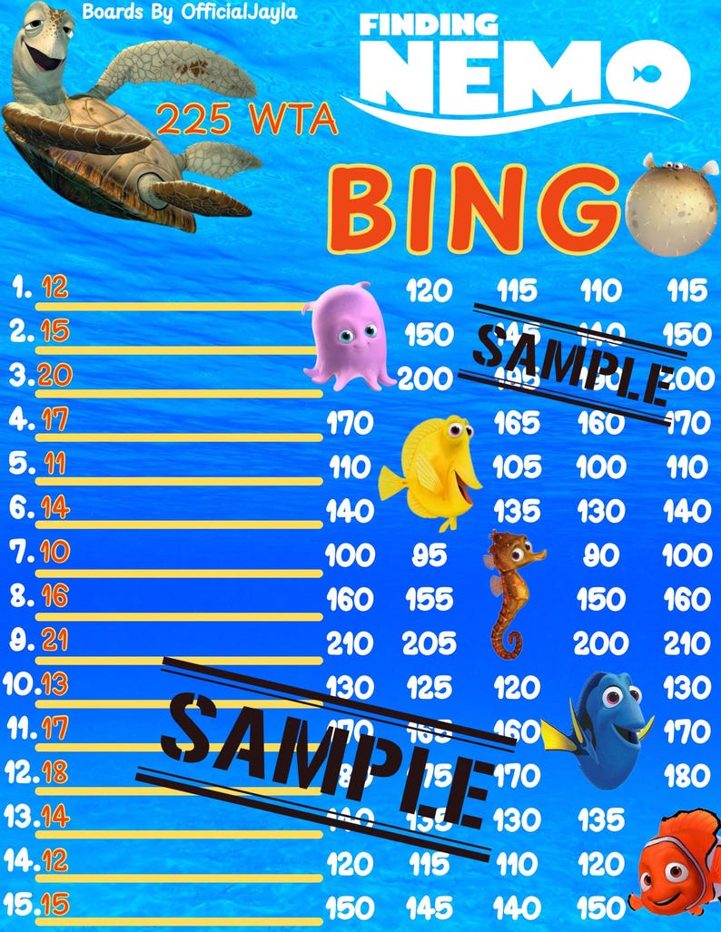 Finding Nemo 225 Wta Bingo Board Multiple Color - Etsy