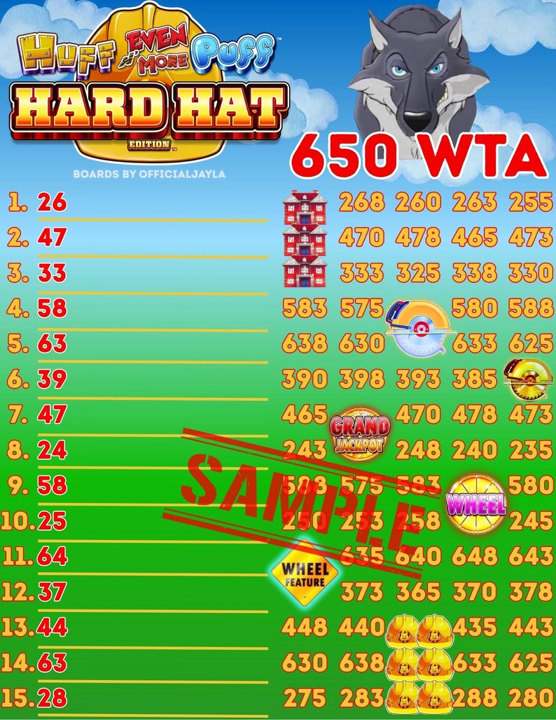 Huff N Puff 650 Wta Bingo Board - Etsy