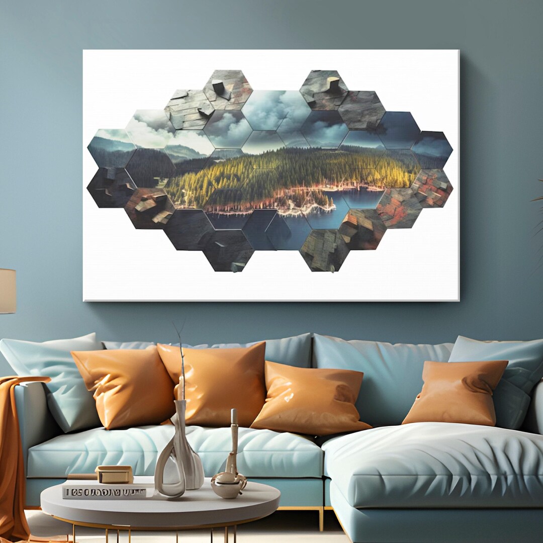 Geometric Forest Canvas Wall Art "enchanted Hexagons"| Hexagonal Forest ...