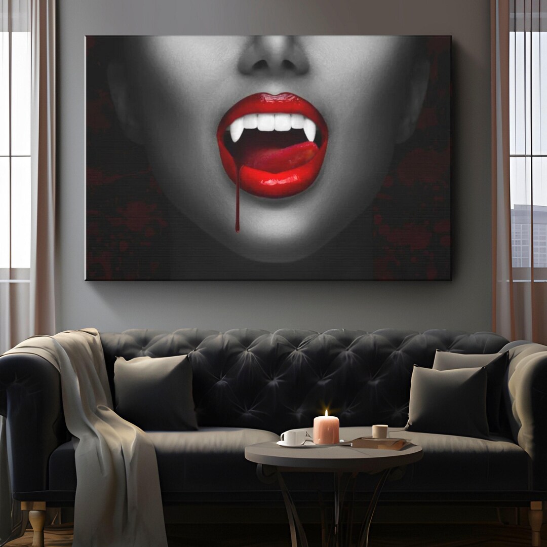 Seductive Vamp Black and White Canvas Wall Art of A Female Vampire With ...