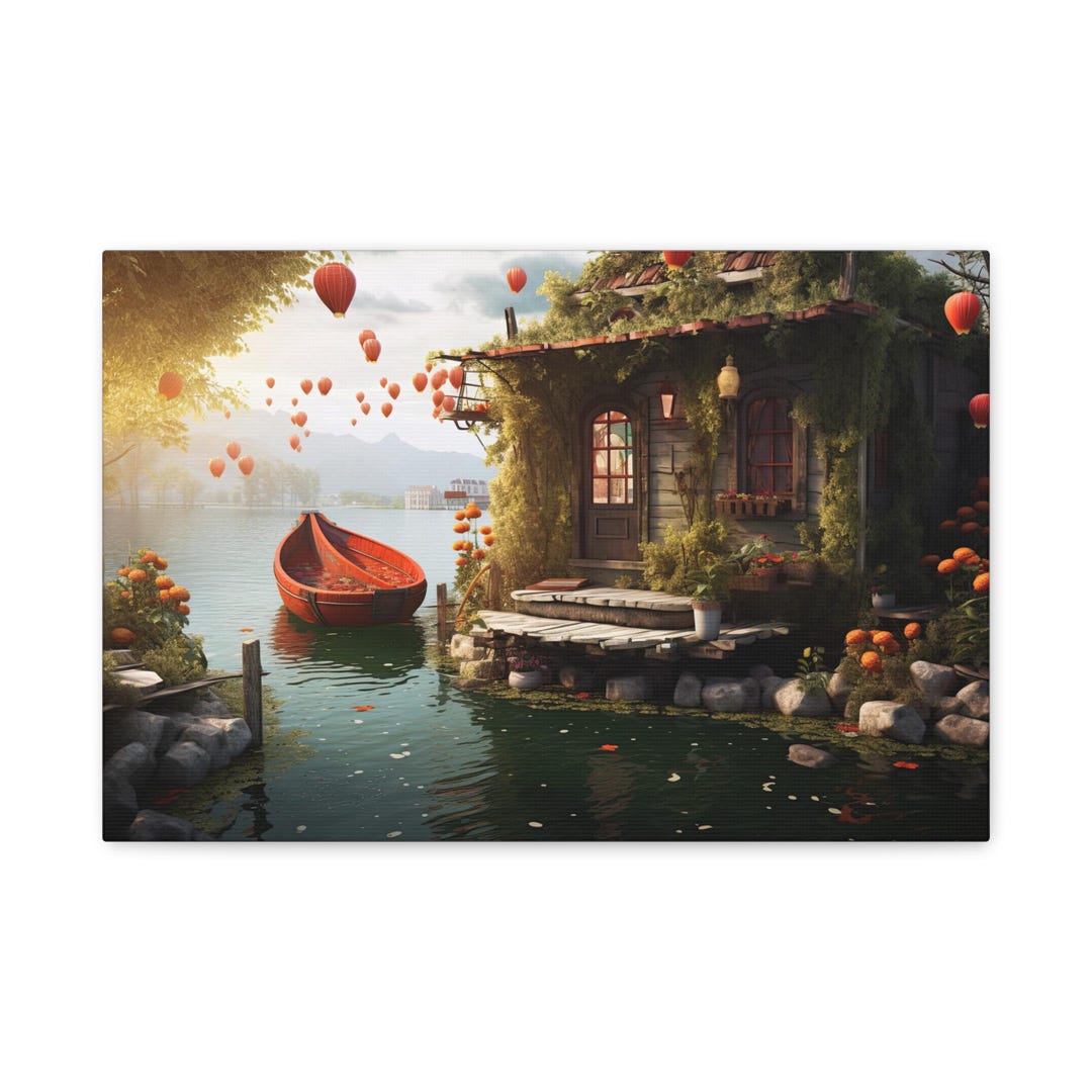 Nature Art "serene Lakeside Retreat" | Fantasy Art | Canoe Art | Lake ...