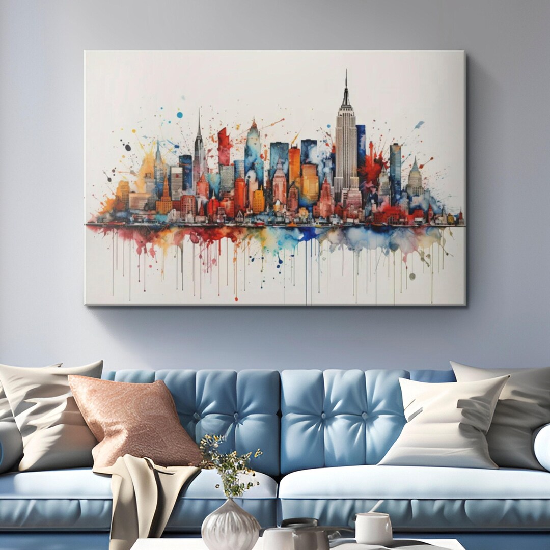 Colorful New York City Skyline Splatter Watercolor Painting Canvas Art ...
