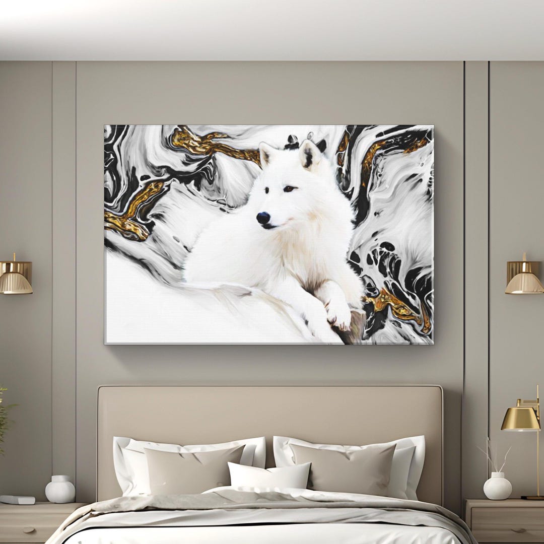 White Wolf Art Canvas "innocence in Gold" | White and Gold Wall Art ...
