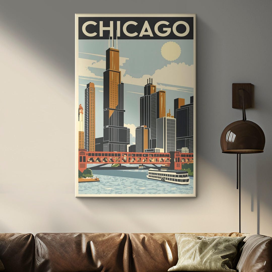 Vintage Chicago Vector Travel Poster Bridge & Water Canvas Print "windy ...