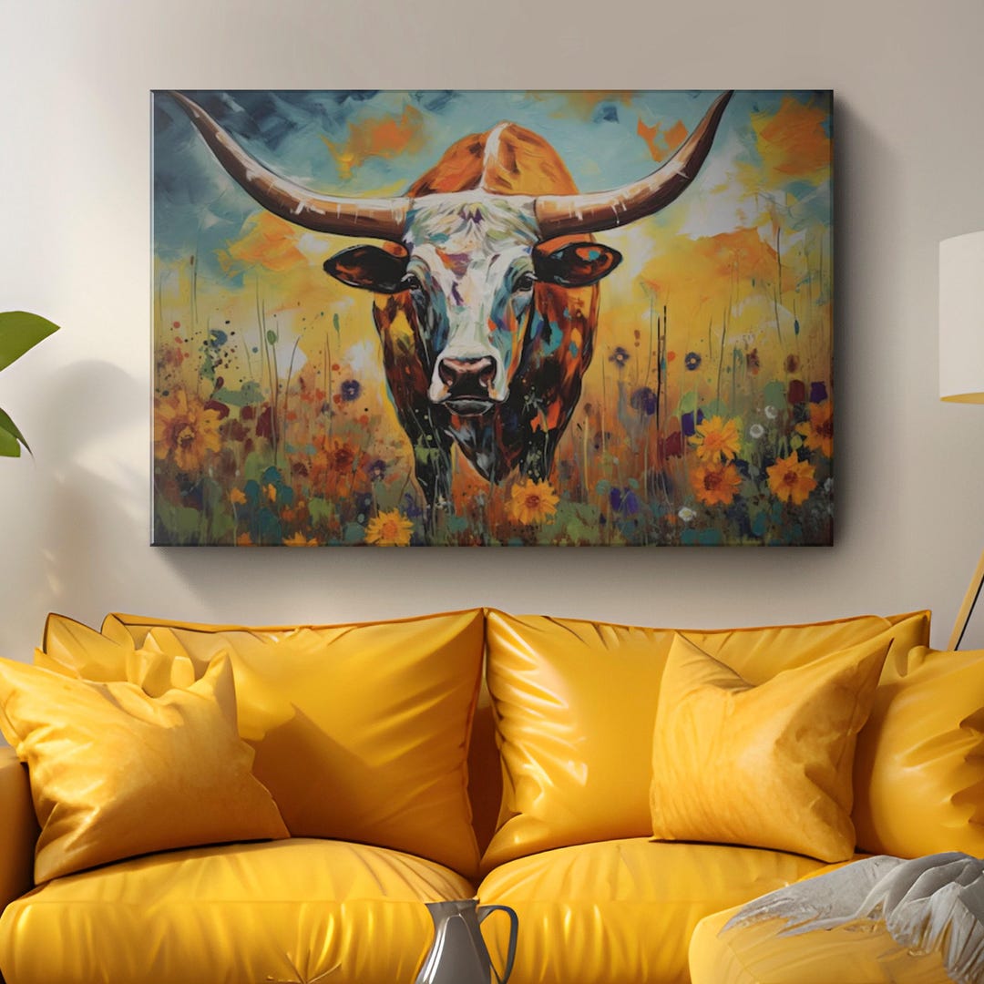 Colorful Longhorn Painting Canvas Wall Art | Texas Longhorns Wall Decor ...