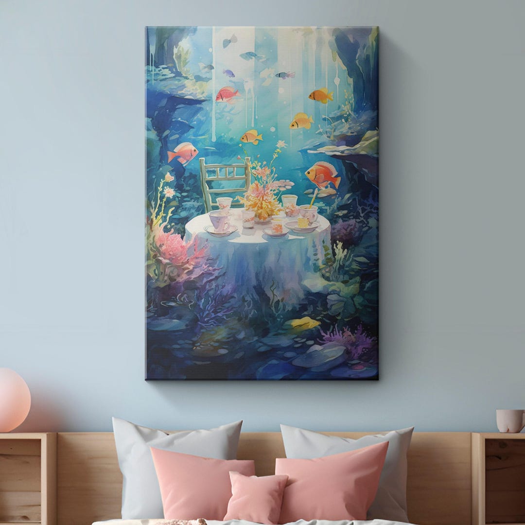 Underwater Tea Party in the Ocean Watercolor Painting on Canvas ...